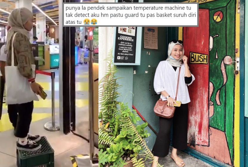 Dah boleh agak, wanita pasrah kena panjat bakul untuk imbas suhu badan ...
