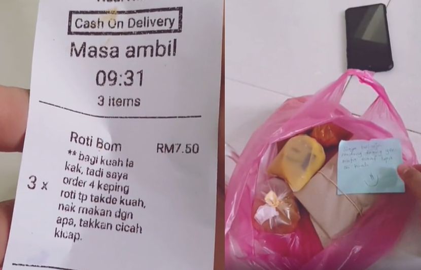 Beli roti telur tak dapat kuah, lelaki ini order roti bom pula sambil tulis nota untuk peniaga ...