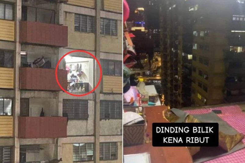 Dinding flat Loke Yew tercabut akibat ribut... Penghuni rumah rakam ...