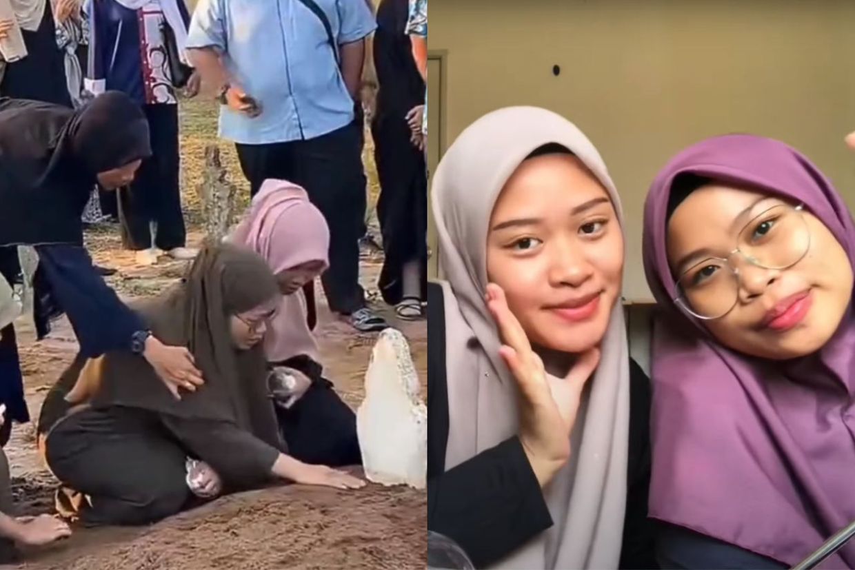 Kawan baik menangis tepi pusara Nur Farah Kartini, ramai sayu kenang video mesra makan mi sama ...