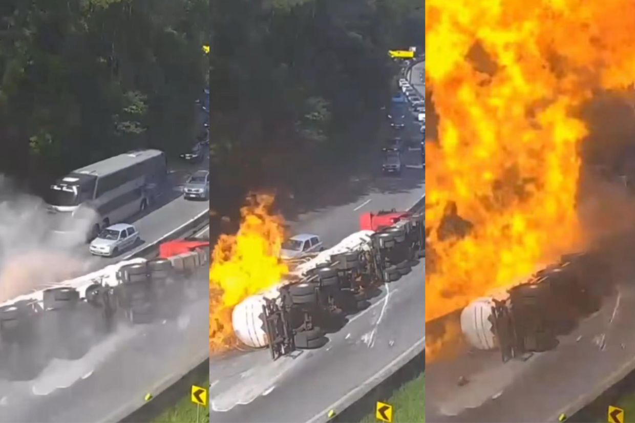 Ngeri! Api marak, lebuh raya serta merta dilitupi asap tebal selepas ...